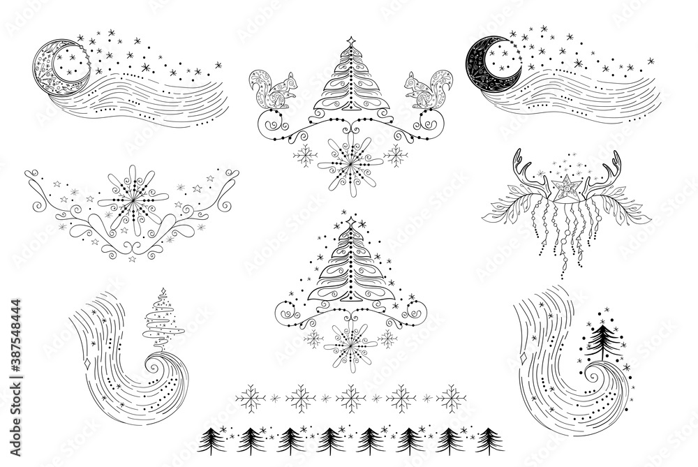 Set of winter linear pre-made design with squirrel, snowflake ...