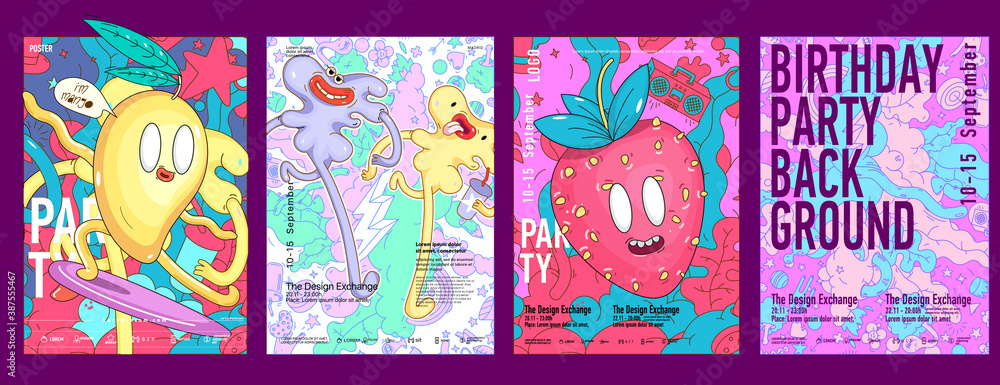 Set of funny posters with cartoon-style backgrounds. Colored painted in ...