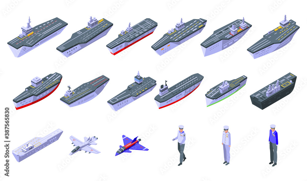 Aircraft carrier icons set. Isometric set of aircraft carrier vector ...