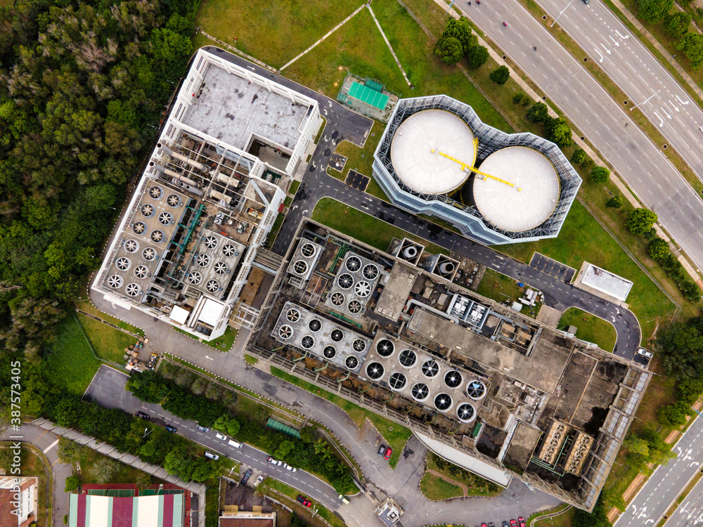 Aerial topdown view of Cooling tower power plant Stock Photo | Adobe Stock