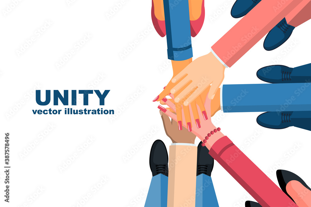 Unity concept. Top view of a group of young business people, holding ...