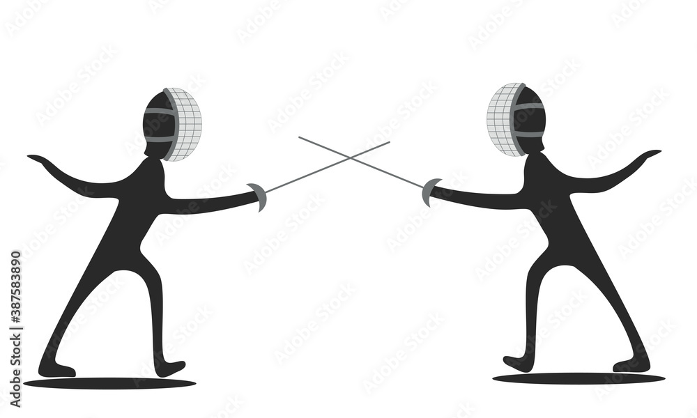 Fencing sport. Black silhouette of two fencers on a white background ...