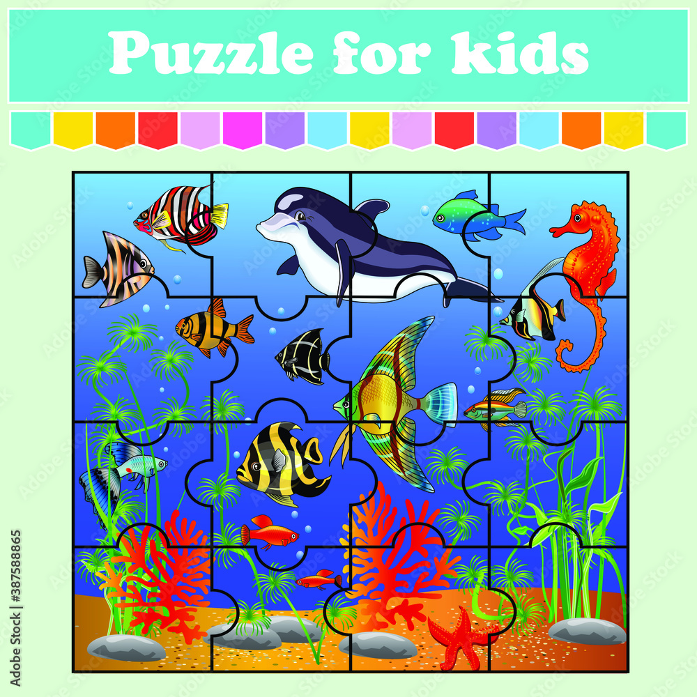 Puzzle game for kids. Dolphin and fish in the sea. Education worksheet ...