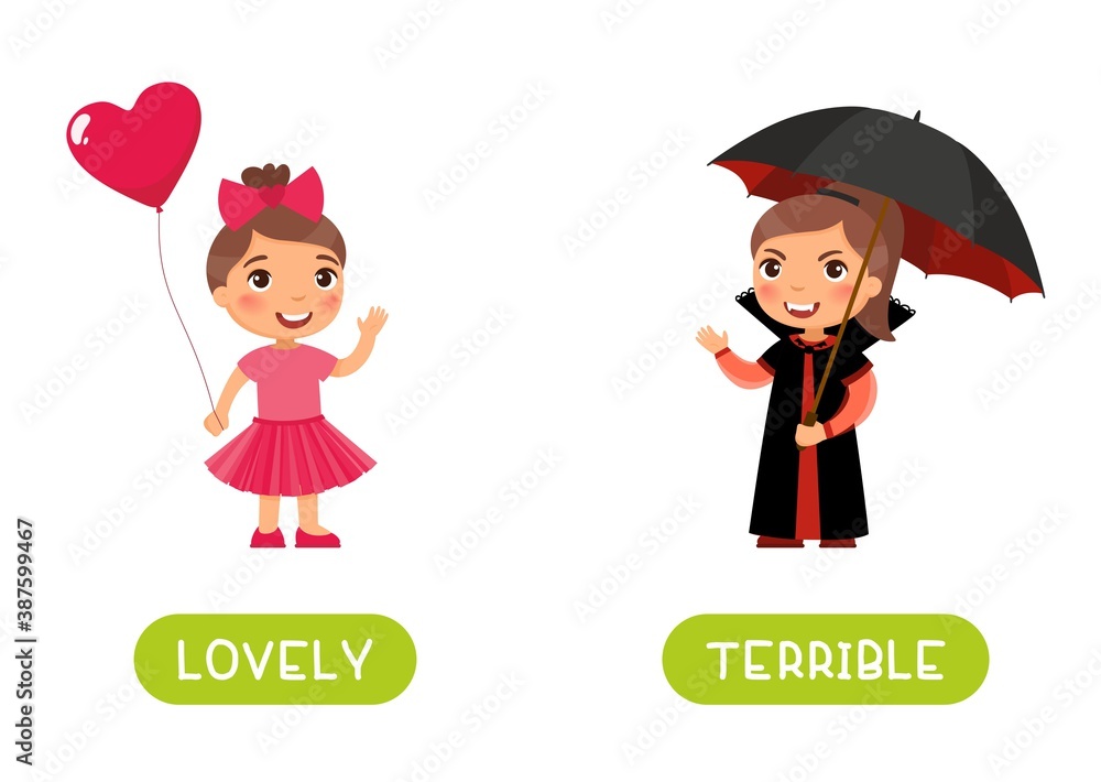 LOVELY and TERRIBLE antonyms word card vector template. Flashcard for ...