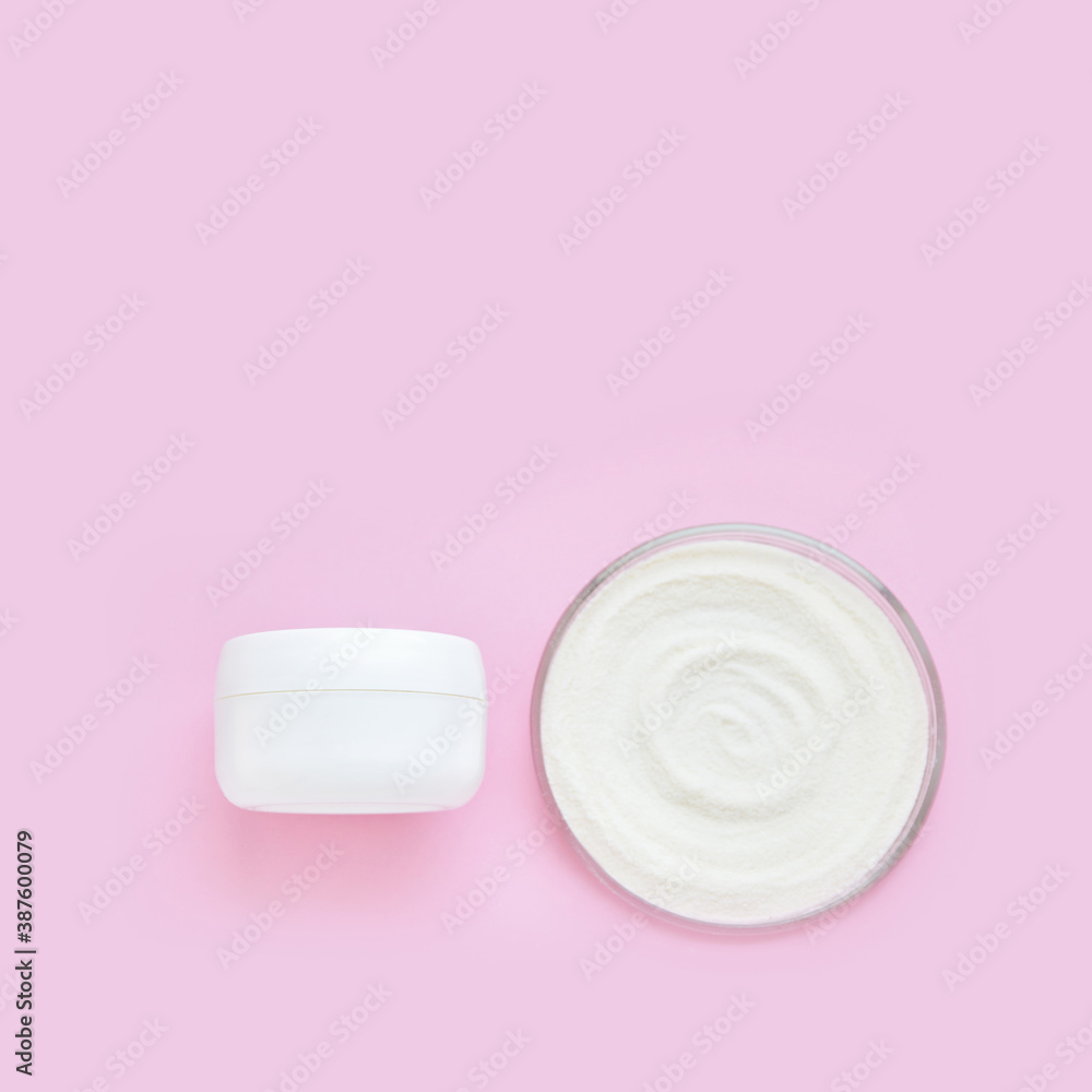 Collagen white powder. Pastel color background. Health product. Woman ...