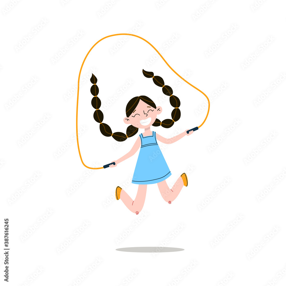 Happy smiling girl with long black pigtails in a blue dress and yellow ...