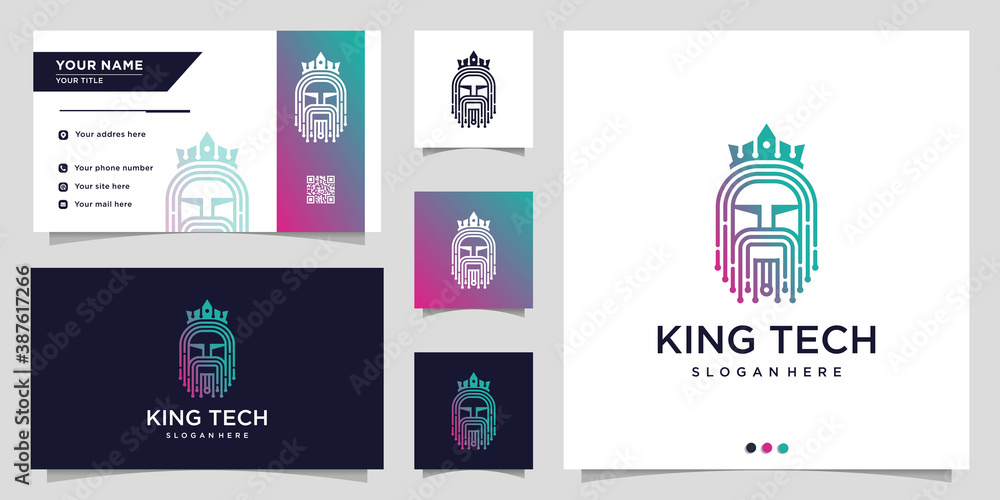 Technology logo with crown and king line art style and business card ...