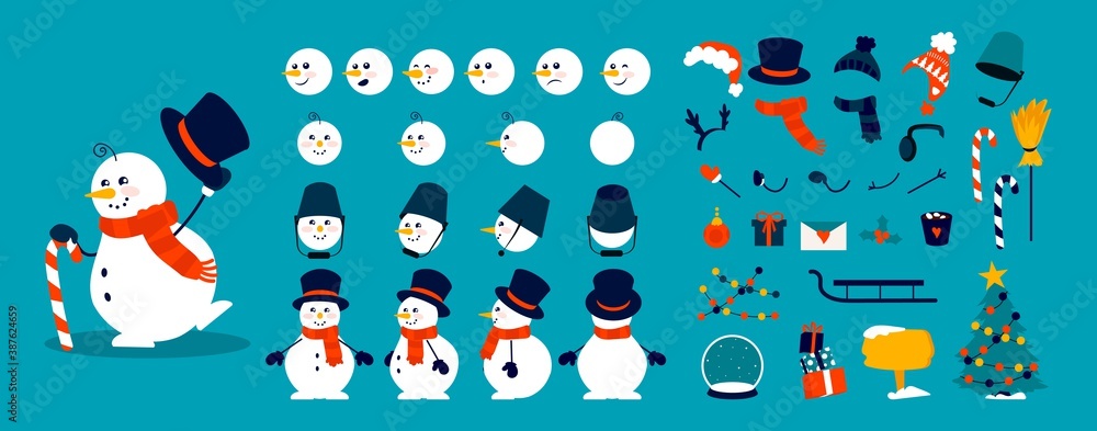 Snowman animation kit. Christmas character construction elements ...