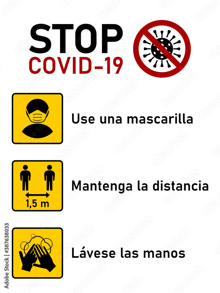 Stop Covid-19 Coronavirus Rules Set in Spanish including Use una ...
