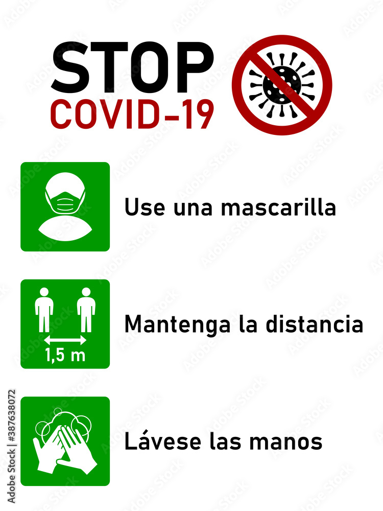 Stop Covid-19 Coronavirus Rules Set in Spanish including Use una ...