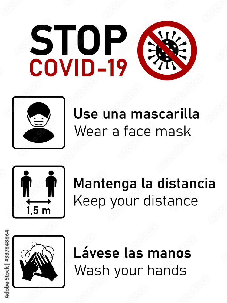 Stop Covid-19 Icons in Spanish and English including Use una mascarilla ...