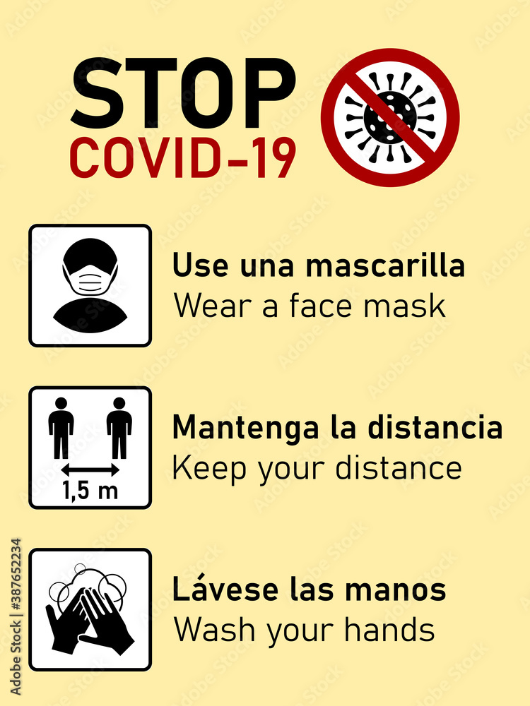 Stop Covid-19 Icons in Spanish and English including Use una mascarilla ...
