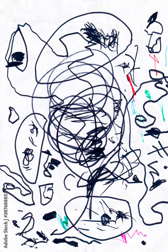 Baby Drawing. Hand Made Hued Scribble Design. Freehand Drawing. Grunge ...