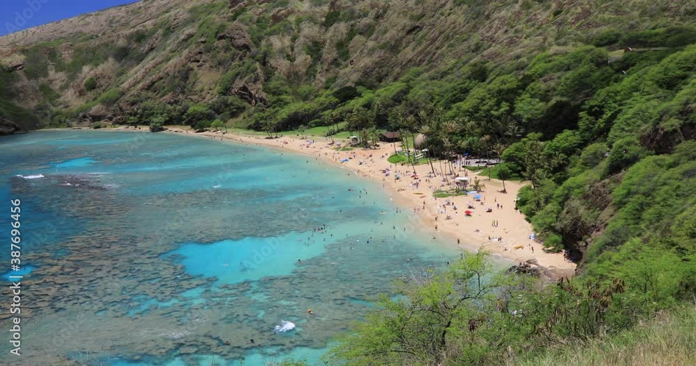 4K stationary shot overlooking Hanauma Bay State Park which offers a ...