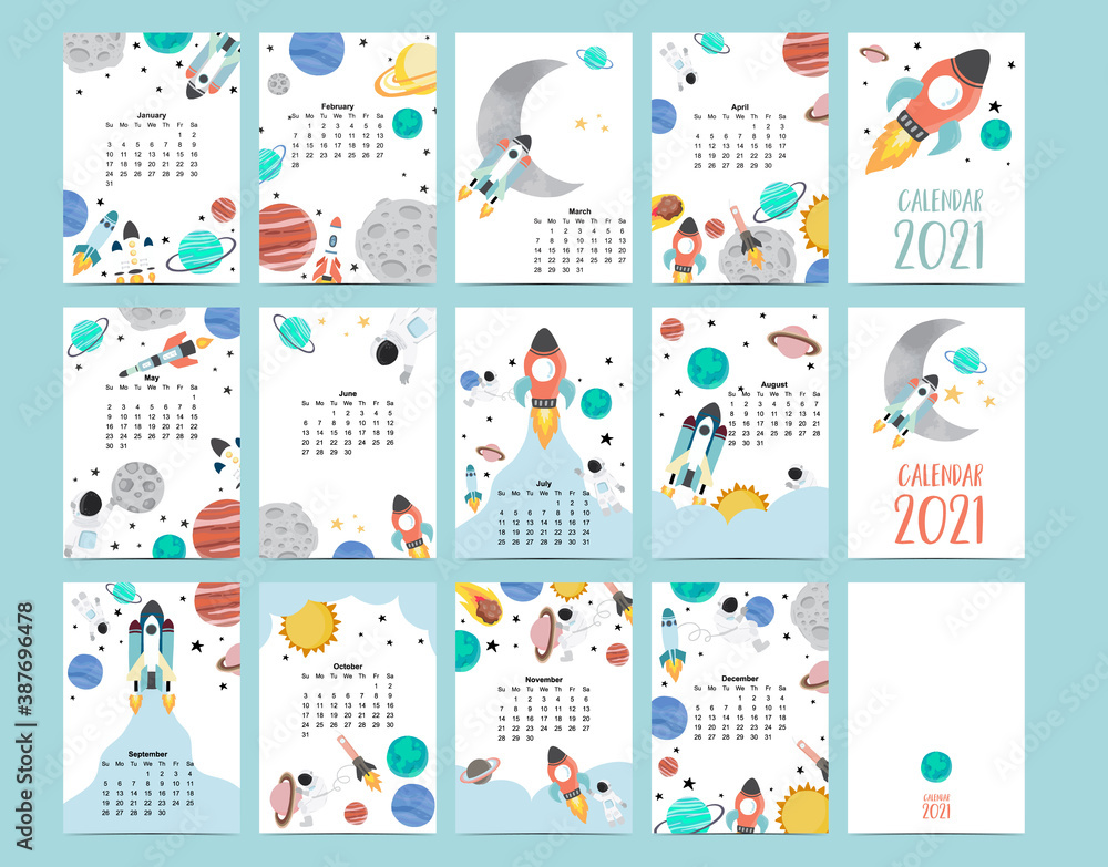 Cute galaxy calendar 2021 with astronaut, moon, rocket, planet for ...