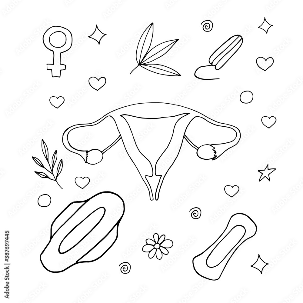 uterus, sanitary pads, symbol of women, venus mirror set sketch hand ...