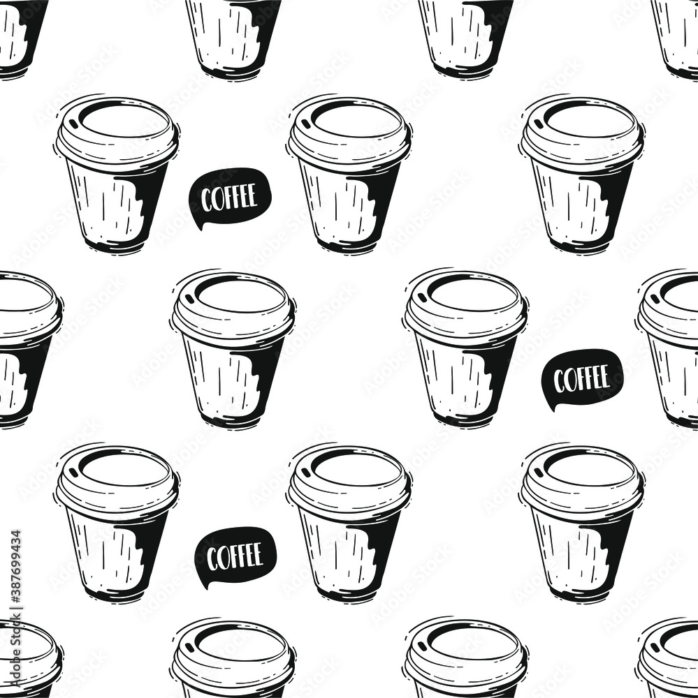Seamless coffee mug pattern, paper cup. Vector illustration for ...