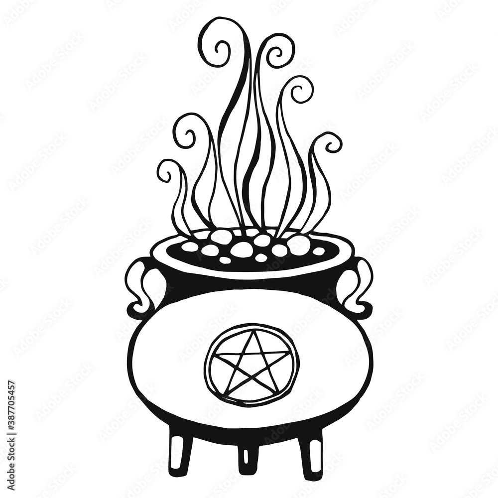 Hand drawn sketch of witch cauldron isolated on white background ...