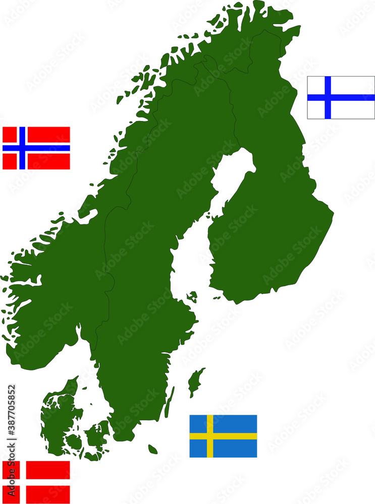 scandinavia countries map and flags Stock Vector | Adobe Stock