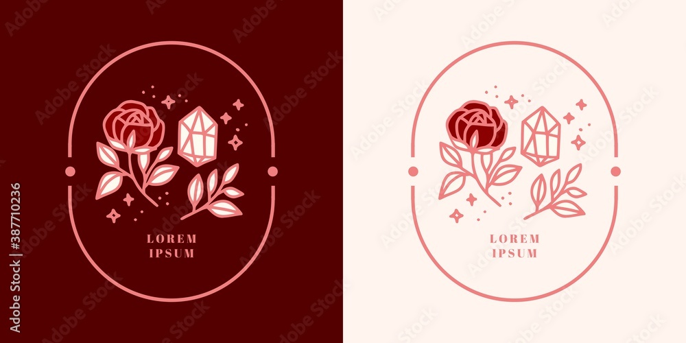 Hand drawn vintage crystal, gems, leaf, pink and red rose flower logo ...