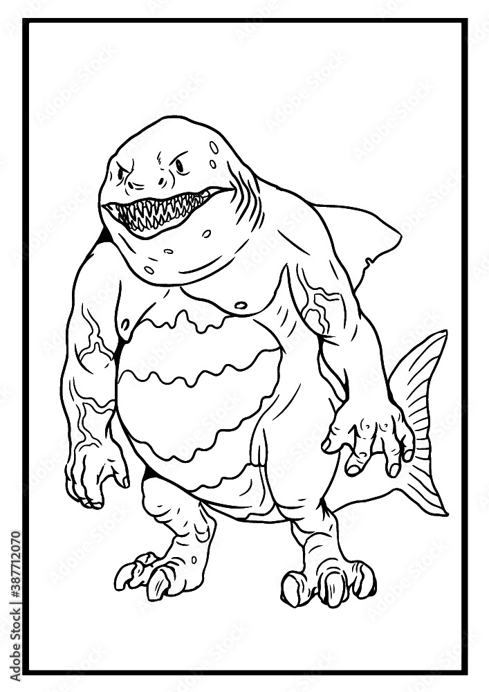 Fantasy shark man vector drawing. Monster shark coloring template ...