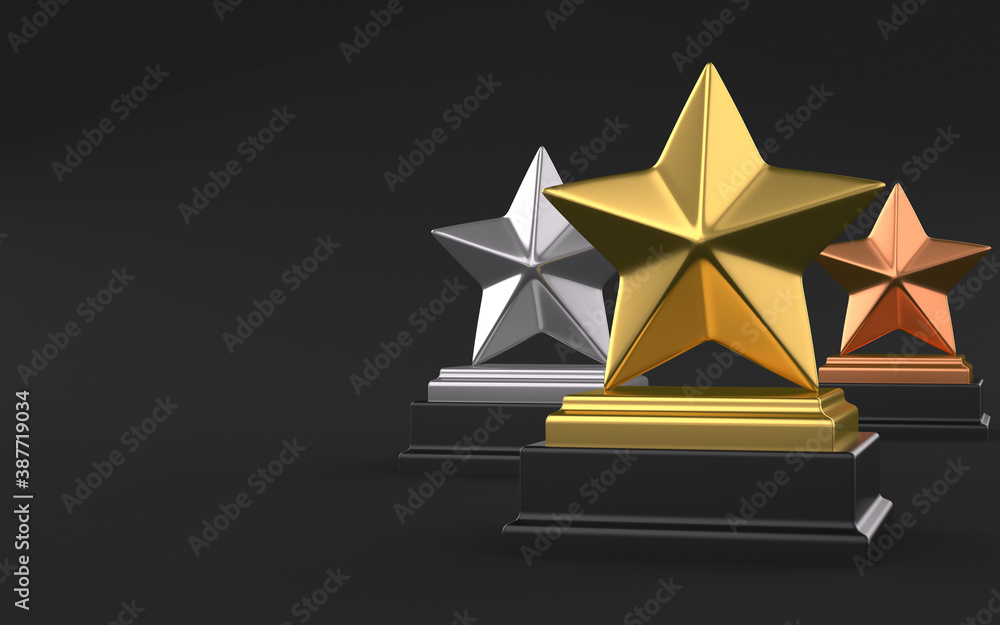 Three winner place stars trophy award isolated on black background. 3d ...