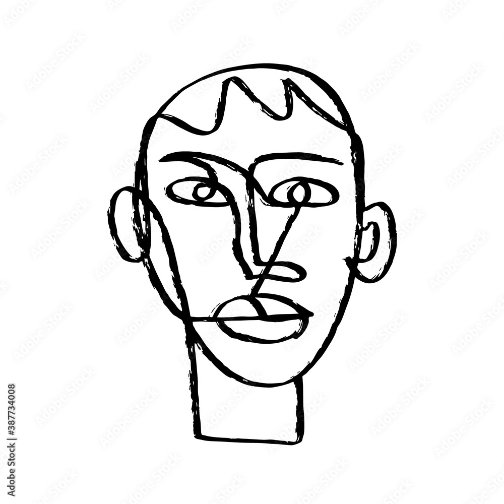 Simple hand drawn abstract line continuous face. Ink Brush drawing in ...