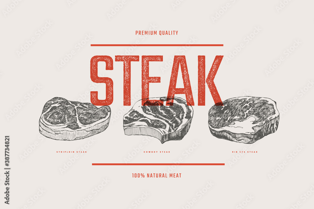 Set of slices steaks vector illustration. New York, Cowboy and Rib eye ...