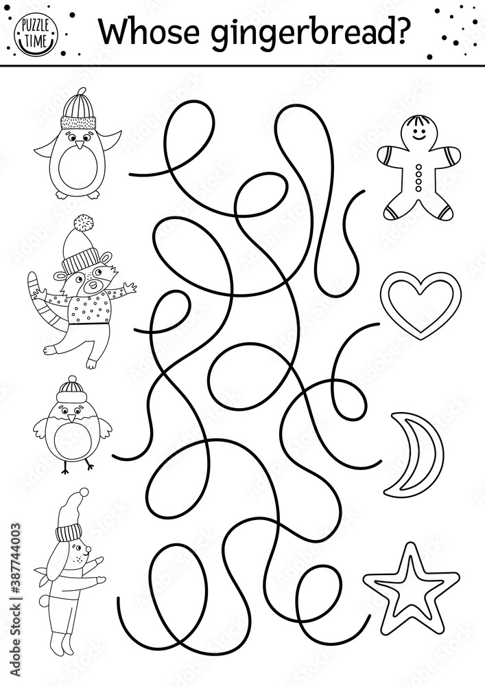 Christmas black and white maze for children. Winter new year preschool ...