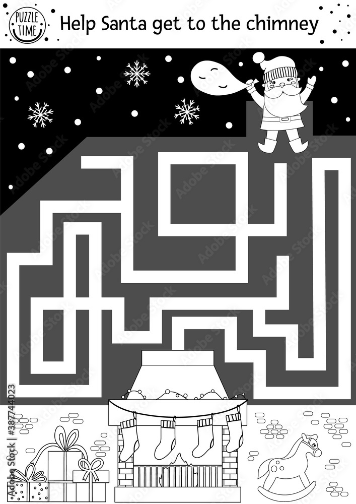 Christmas black and white maze for children. Winter new year preschool ...