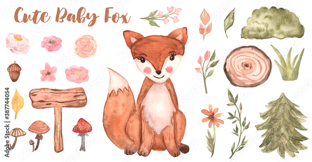 Cute cartoon watercolor forest animal baby fox. Hand painted lovely ...