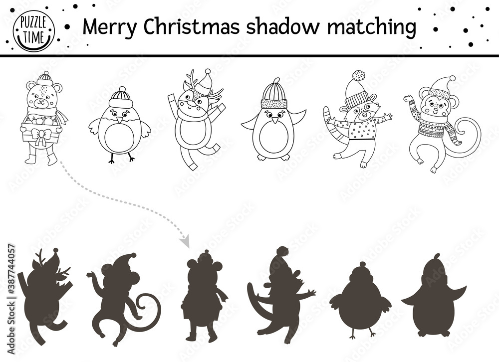 Christmas black and white shadow matching activity for children. Winter ...