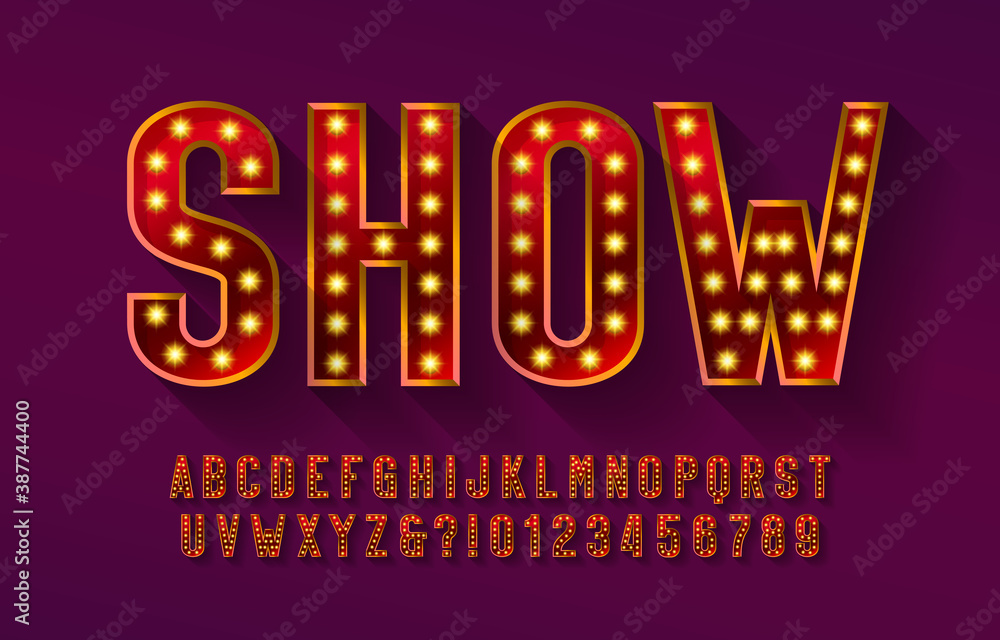 Show alphabet font. 3D letters and numbers with light bulbs and shadows ...