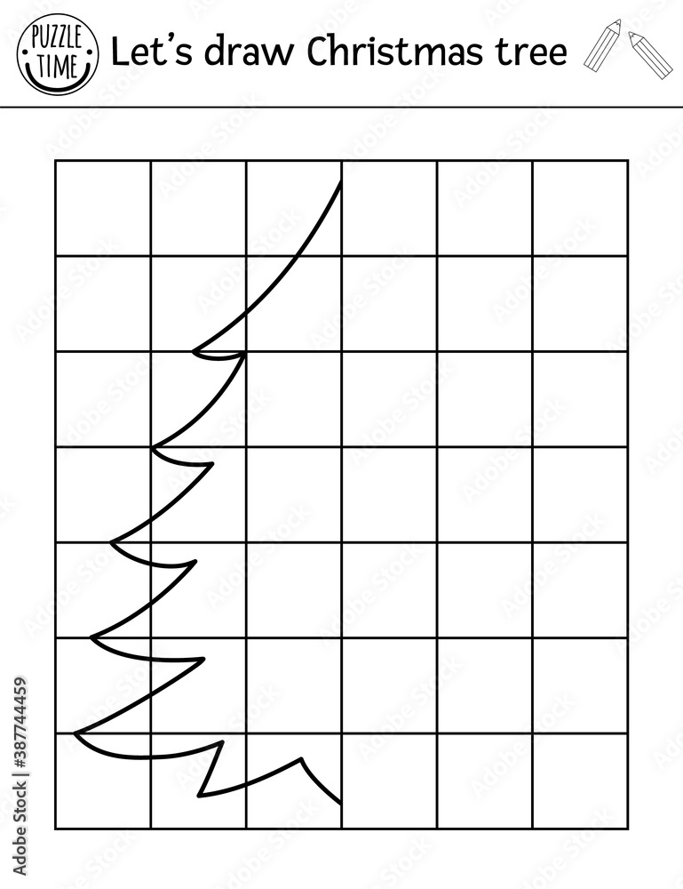 Complete the fir tree picture. Vector Christmas drawing practice ...
