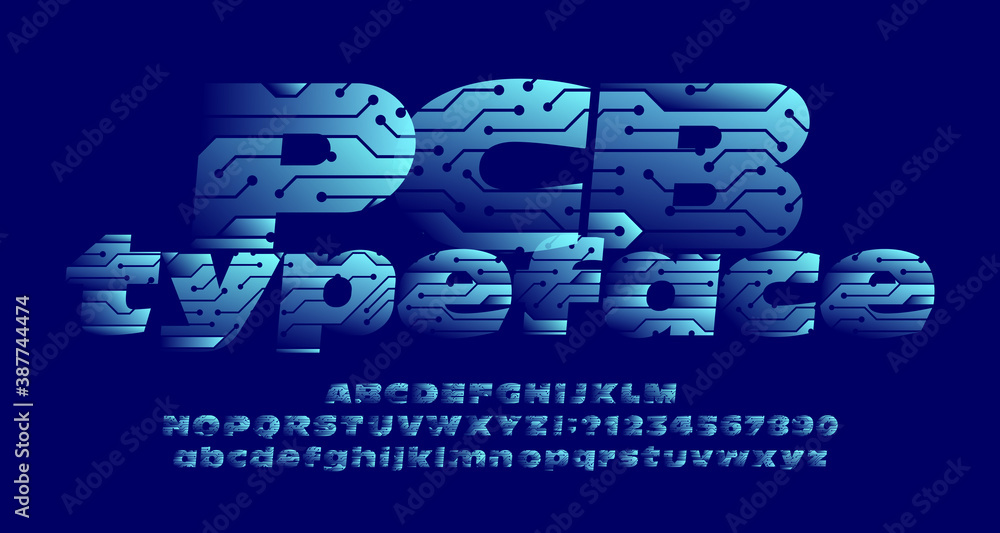 PCB alphabet font. Uppercase and lowercase letters and numbers. Circuit ...