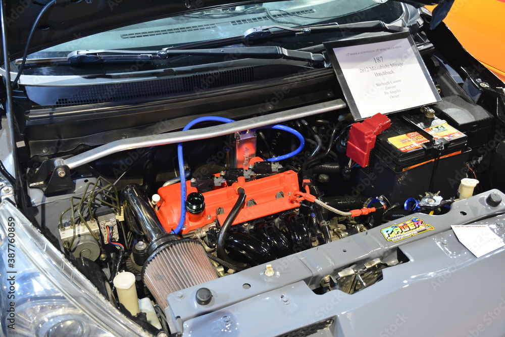 Mitsubishi mirage hatchback motor engine at Manila Auto Salon car show ...