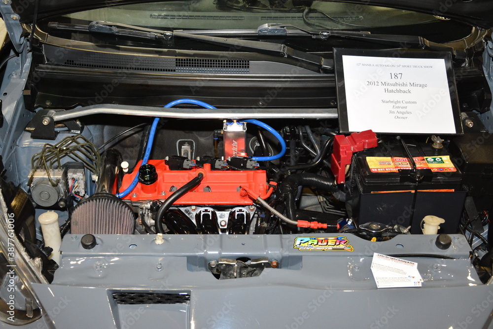 Mitsubishi mirage hatchback motor engine at Manila Auto Salon car show ...
