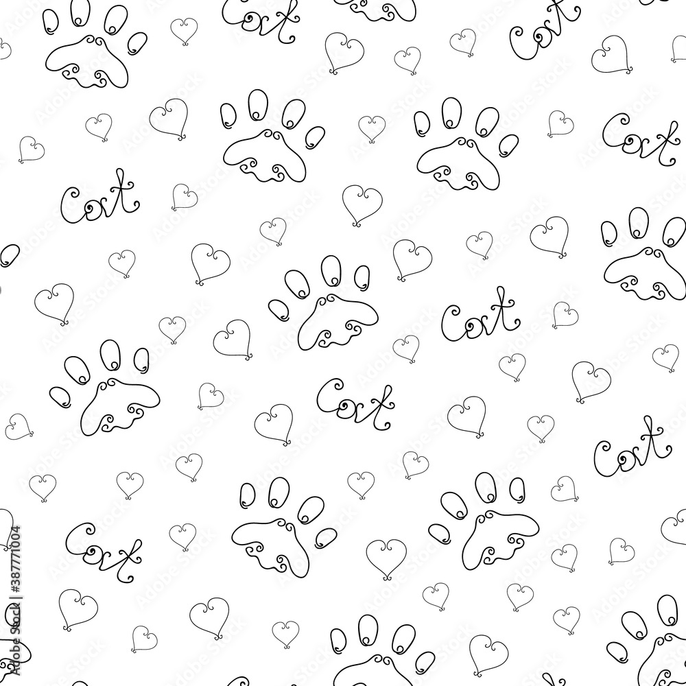 Seamless pattern of cat paw track. Cat love pattern. Black contours on ...