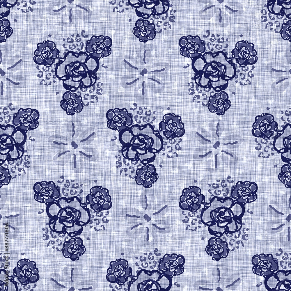Indigo blue flower block print dyed linen texture background. Seamless ...