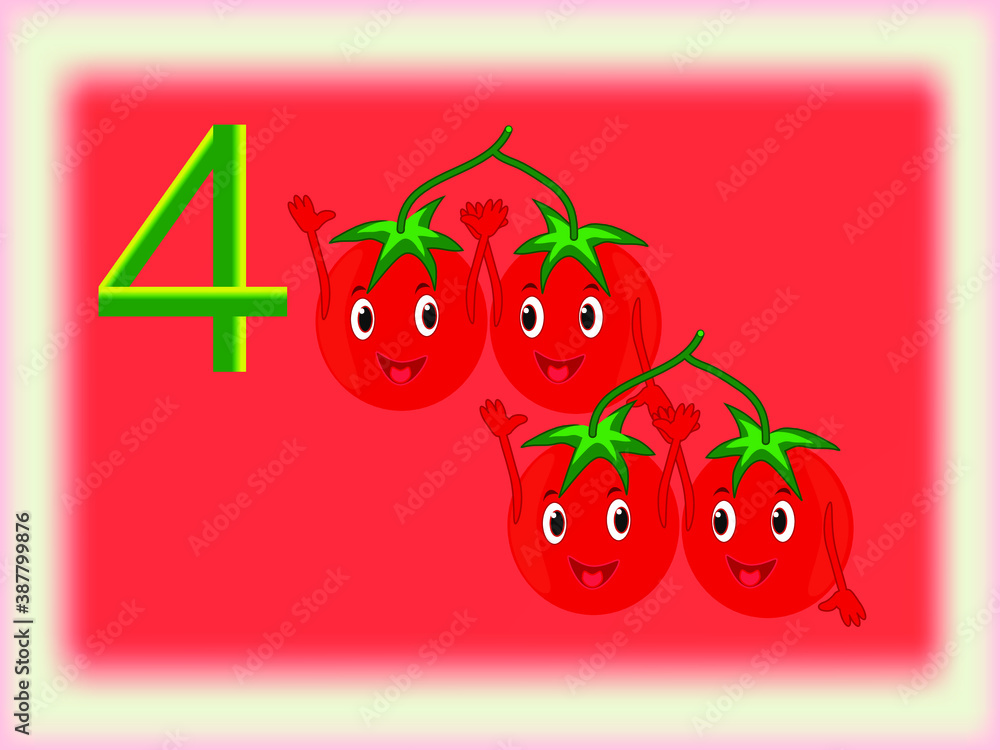 Illustrated flash card showing the number four, tomatoes. Stock Vector ...
