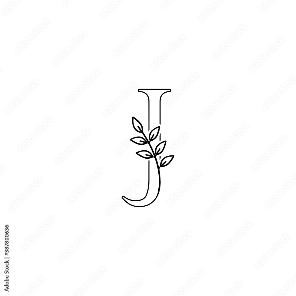 Outline Initial Letter J logo icon. Vintage logo outline floral leaf ...