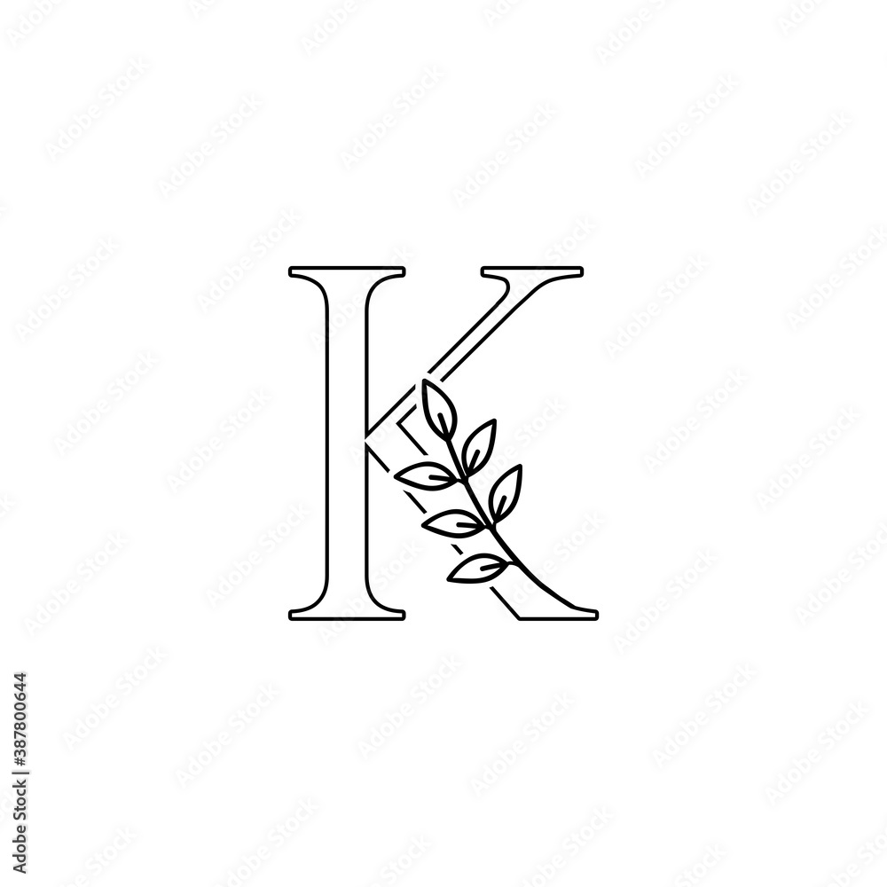 Outline Initial Letter K logo icon. Vintage logo outline floral leaf ...