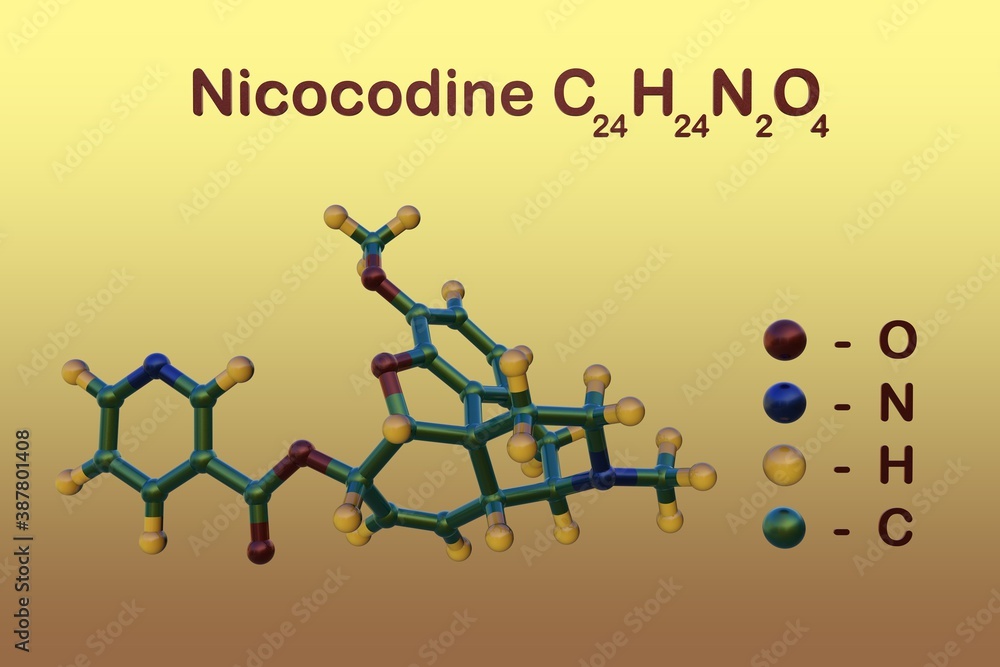Structural chemical formula and molecular model of nicocodine, an ...