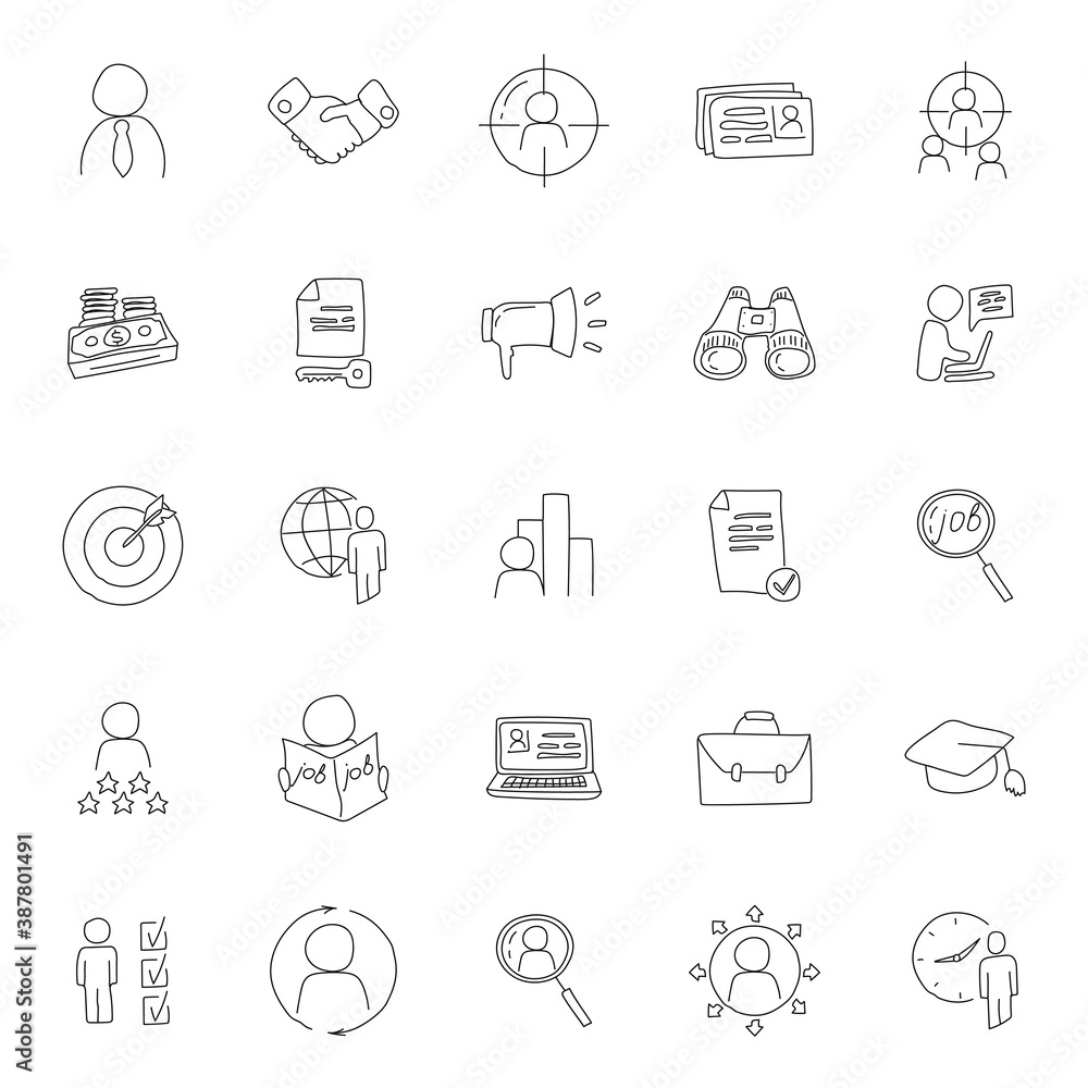 job search hand drawn linear doodles isolated on white background. job ...