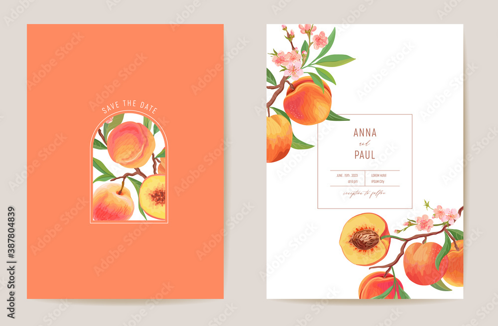 Wedding peach floral vector card, exotic fruits, flowers, leaves ...