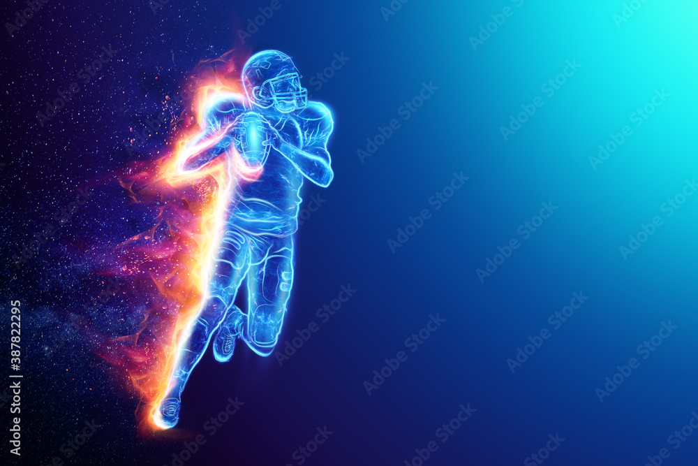 Silhouette of an American football player on fire on a blue background ...