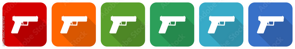Pistol, gun, weapon icon set, flat design vector illustration in 6 ...