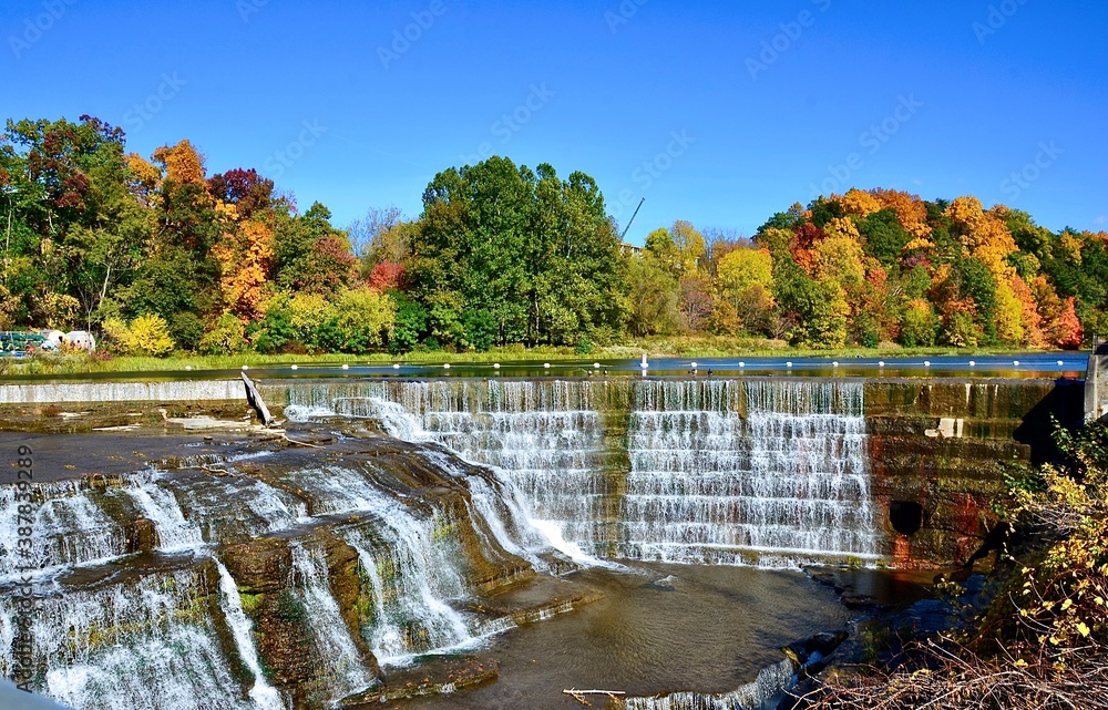 Beebe lake dam waterfalls., in a blue sky. The Beebe Lake is a ...