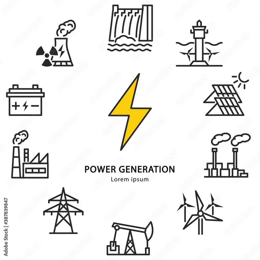 Power plant circle banner with flat line icons. Vector illustration ...