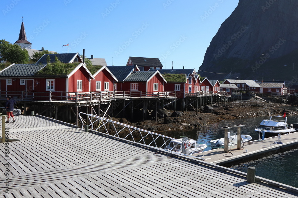 Reine / Norway - June 15 2019: Red cabins, called Robu / Rorbuer in ...